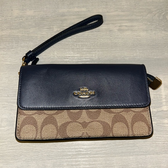 Coach | Bags | Coach Navy And Brown Signature Wristlet | Poshmark